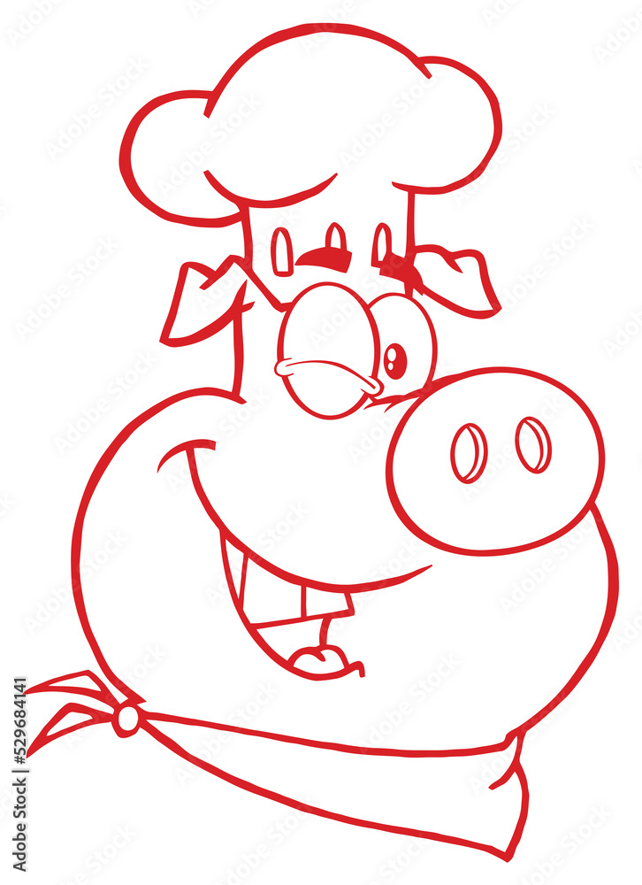 Winking Chef Pig Face Cartoon Mascot Character In Red Color. Hand Drawn ...
