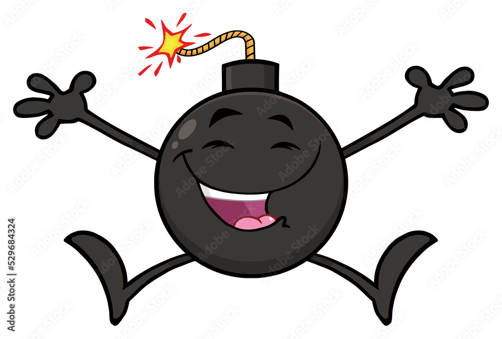 Happy Bomb Cartoon Mascot Character Jumping With Open Arms. Hand Drawn ...