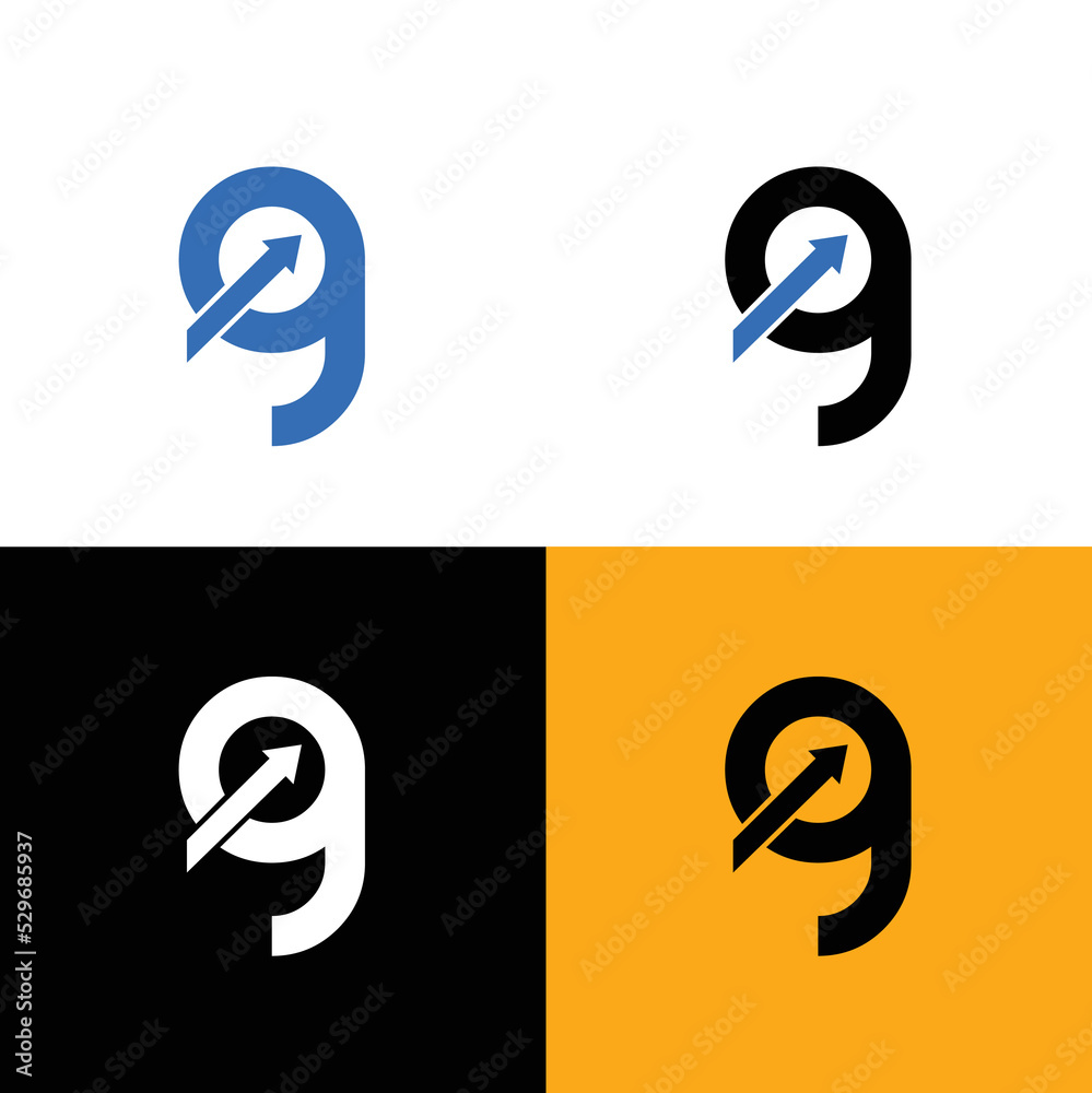 Initial Small Letter g Logo. or Number of 9. Positive sign Growth arrow ...