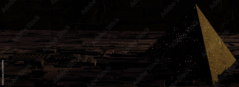 Cyber pyramid in night city background. Futuristic digital code ...
