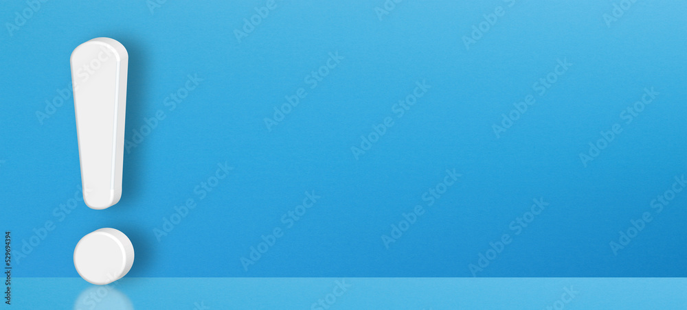 Exclamation mark 3D design in front of a blue color wall background ...