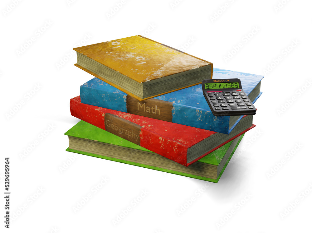 3d render of a pile of old books of math, geography and other sciences ...