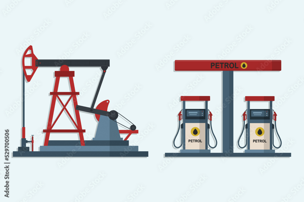 Gas station, oil pump jack in oil, Fuel vector isolated icons ...