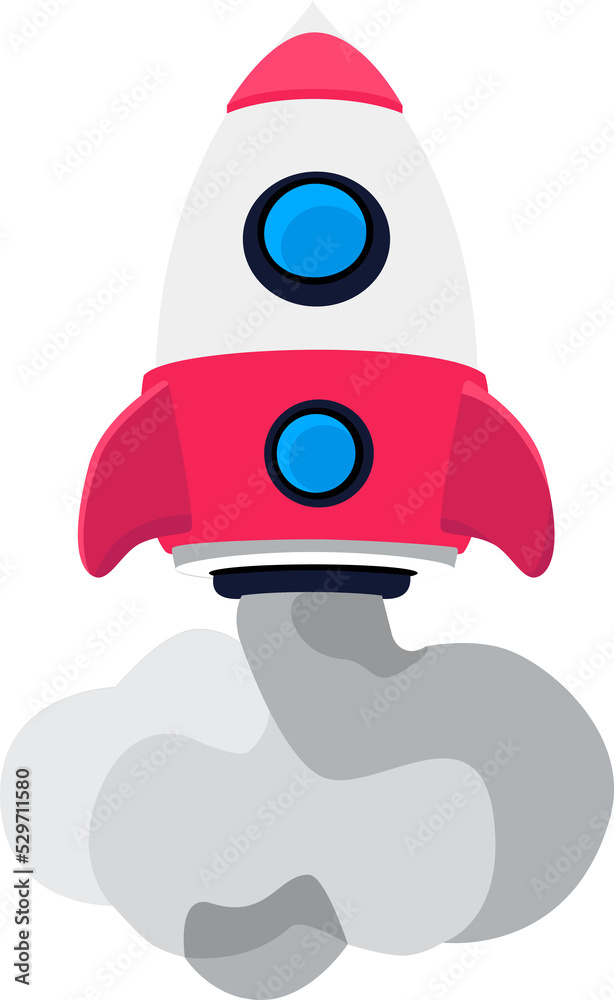 Isolated red and white cartoon rocket with some taking off. Concept of ...