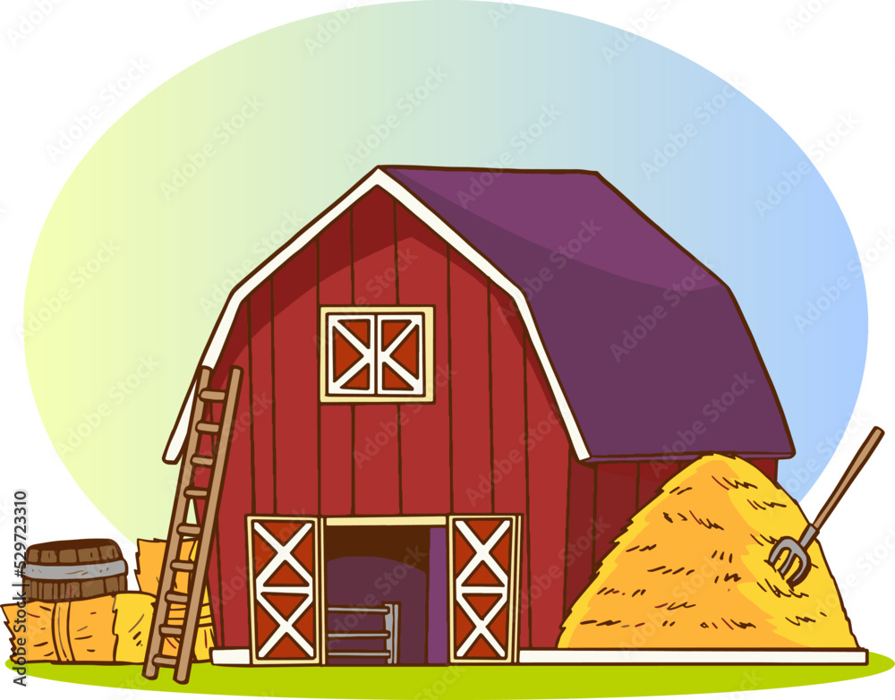 Cute farmhouse red house on a white background in cartoon style. Vector ...