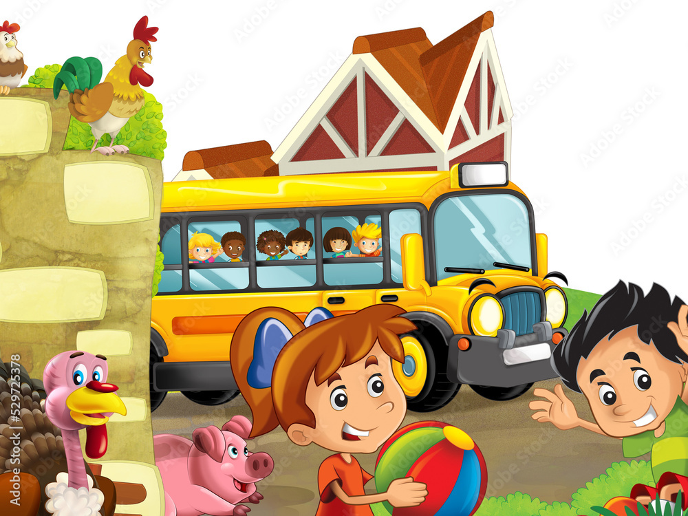 cartoon scene with children on the farm having fun and school bus ...