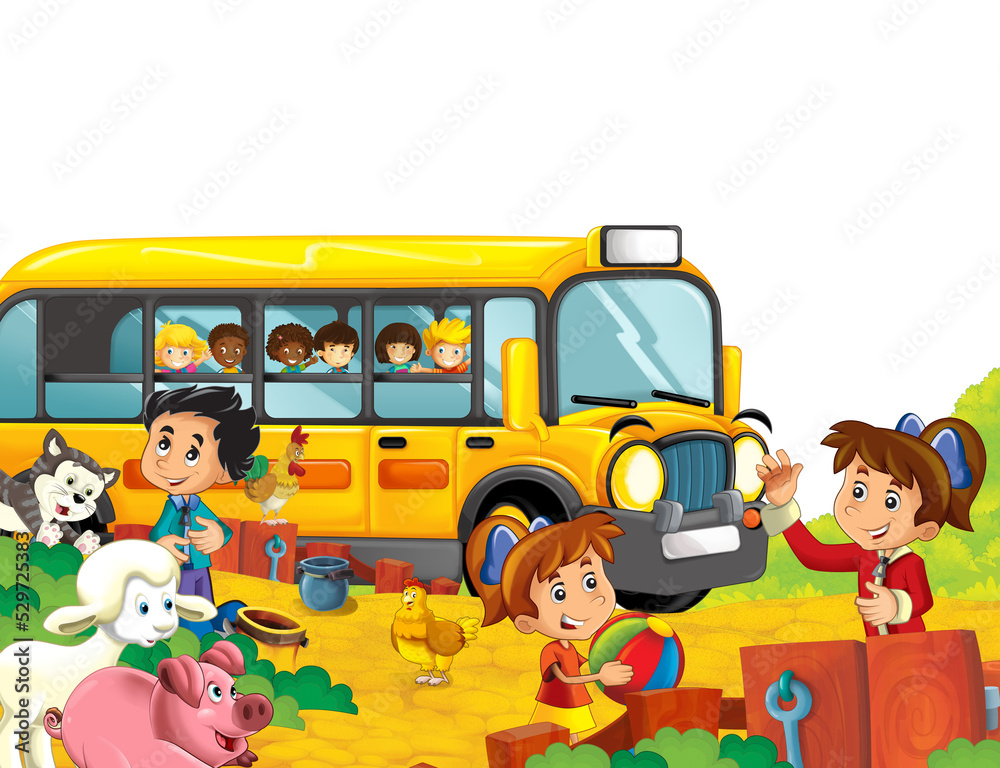cartoon scene with children on the farm having fun and school bus ...