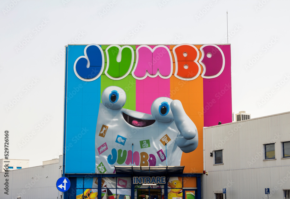 Bucharest, ROMANIA - Aug 2022: Jumbo logo in front of the toy store ...