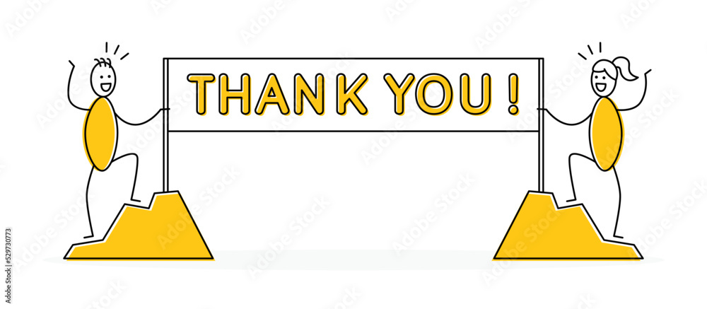 Man and woman stick figure holding thank you banner. Vector ...