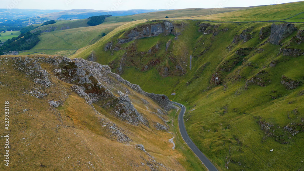 Winnats Pass at Peak District National Park - aerial view - drone ...
