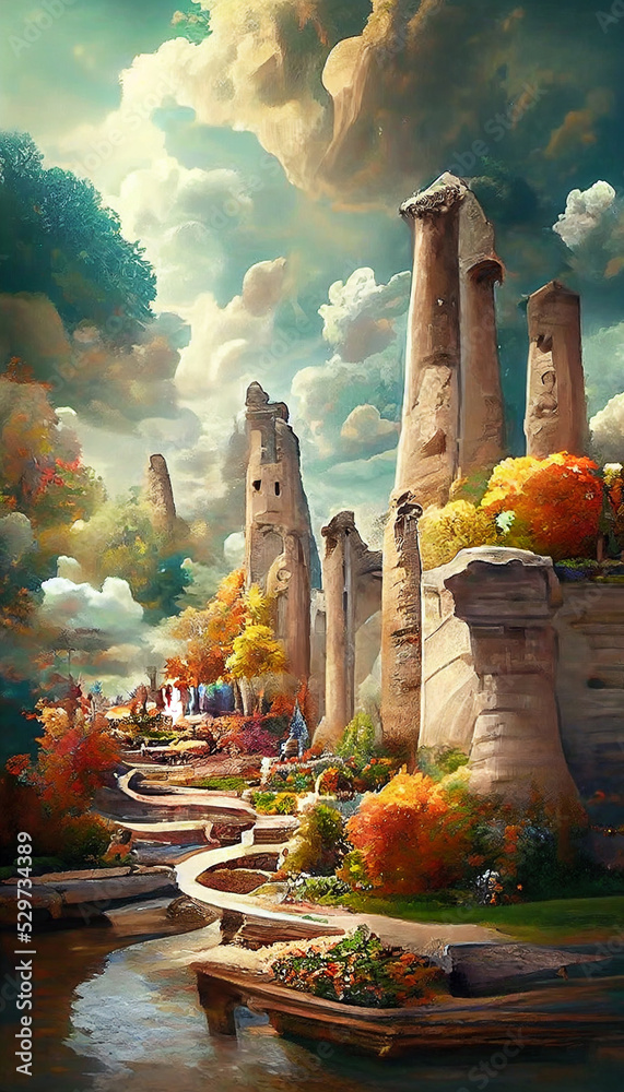 Fantasy Village Ancient Roman Architecture steps Rivers Digital Art ...