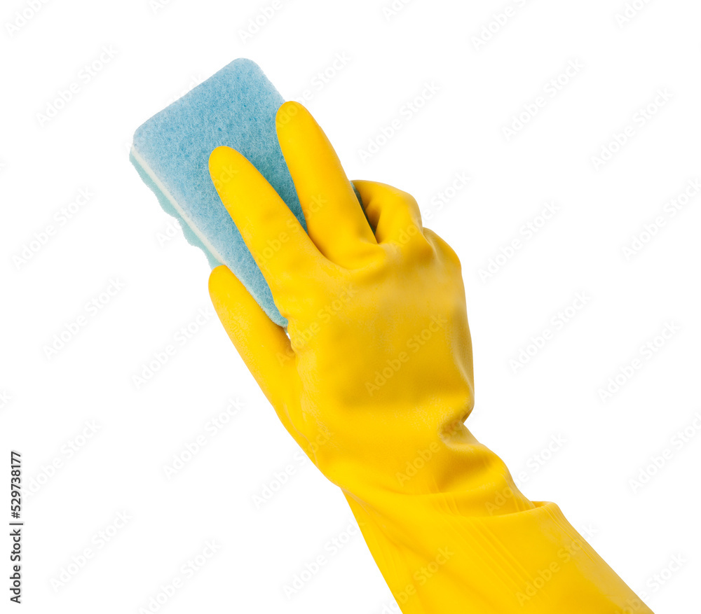 hand holding a cleaning sponge with gloves. Stock Photo | Adobe Stock