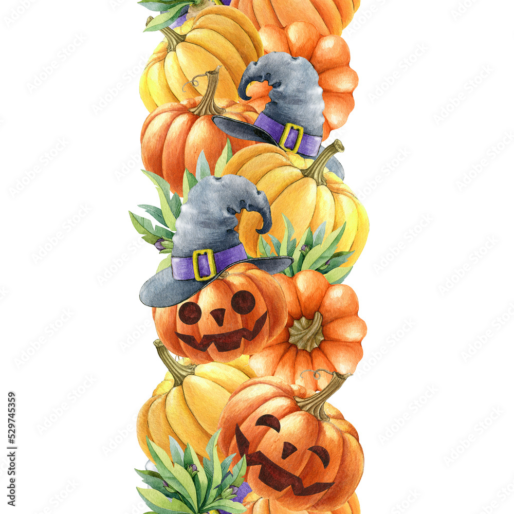 Witchcraft style halloween seamless border. Watercolor illustration ...