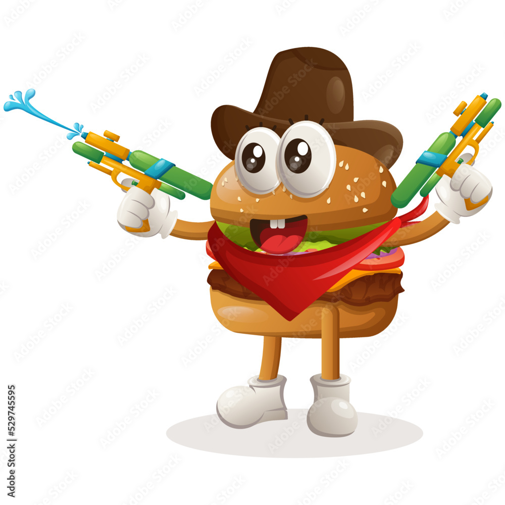 Cute burger mascot design playing with water gun toy, wearing cowboy ...