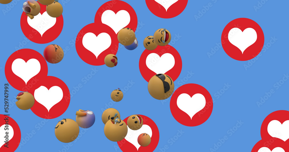 Multiple face emojis and heart icons floating against blue background ...