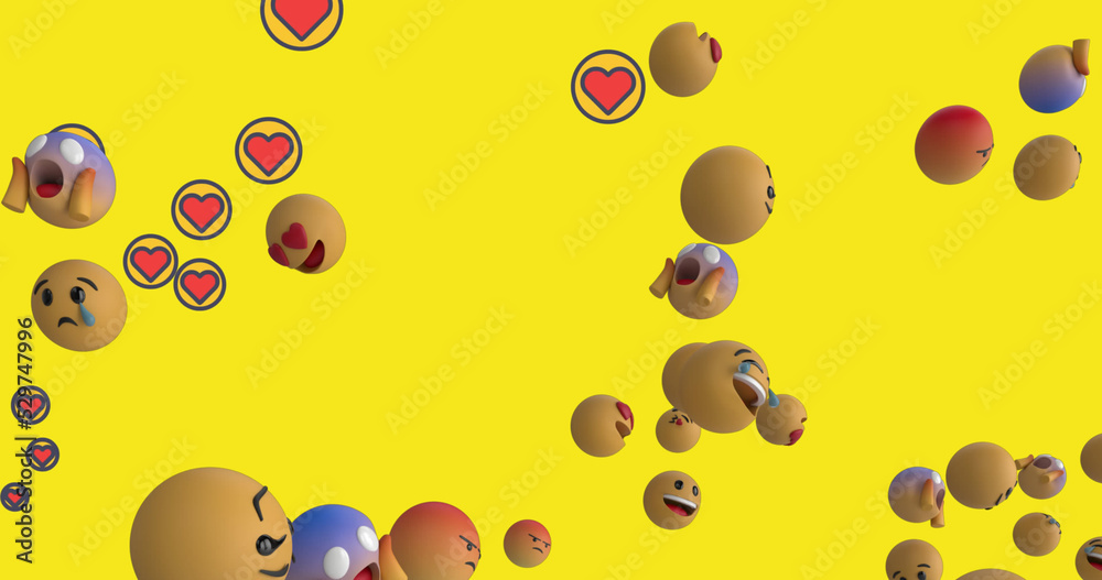 Multiple face emojis and heart icons floating against yellow background ...