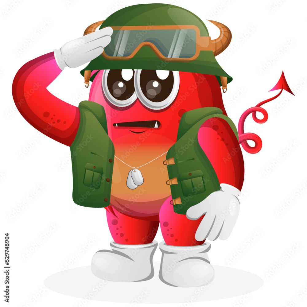Vector_Cute red monster soldier in green uniform Stock Vector | Adobe Stock