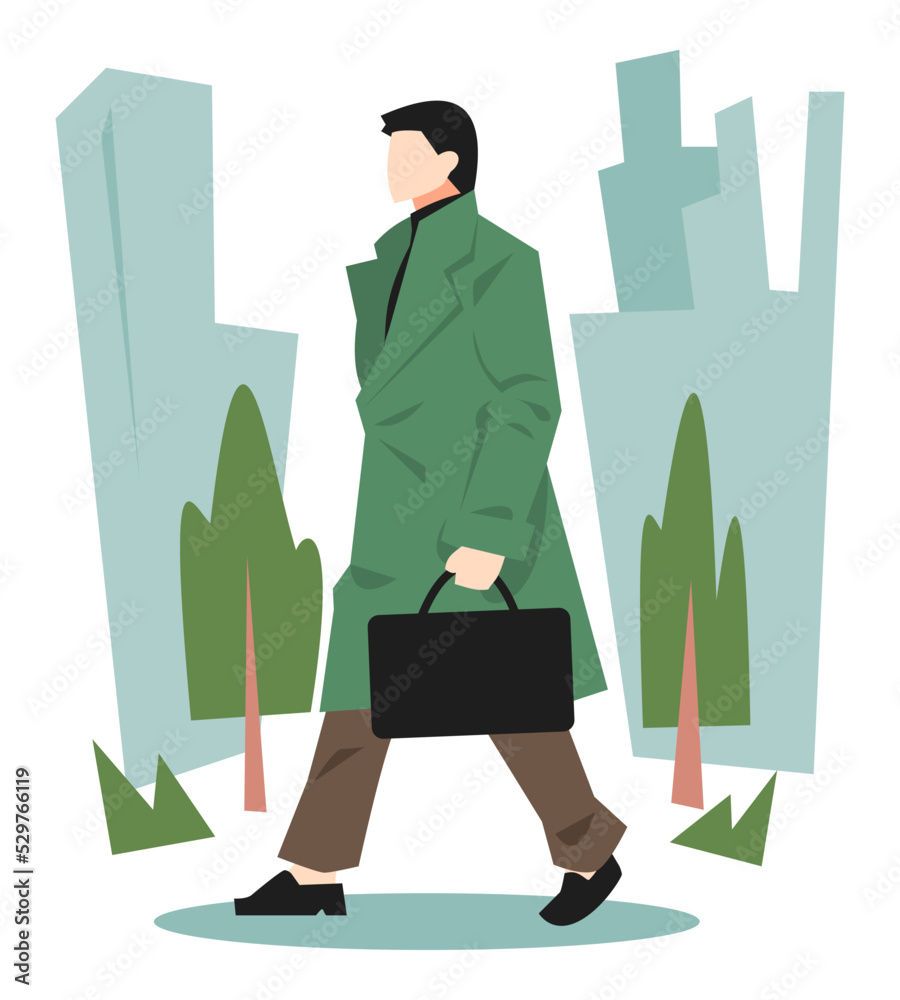 illustration of male office worker holding suitcase walking to office ...