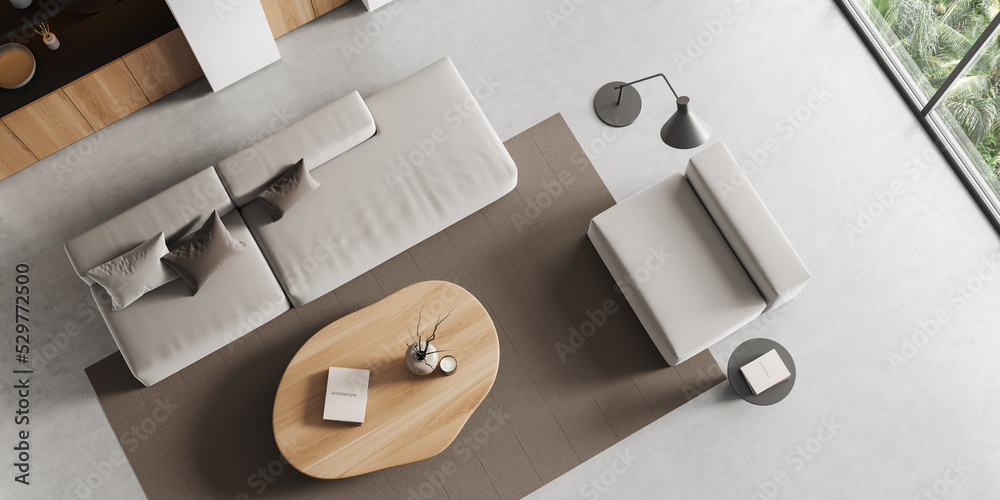 Top view of cozy living room interior with sofa and window Stock Photo ...