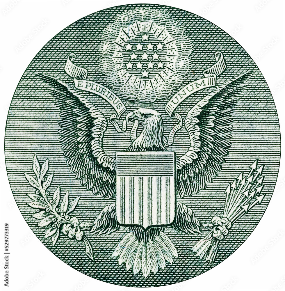 1 US dollar. Fragment of banknote. Reverse of bill with the Great Seal ...