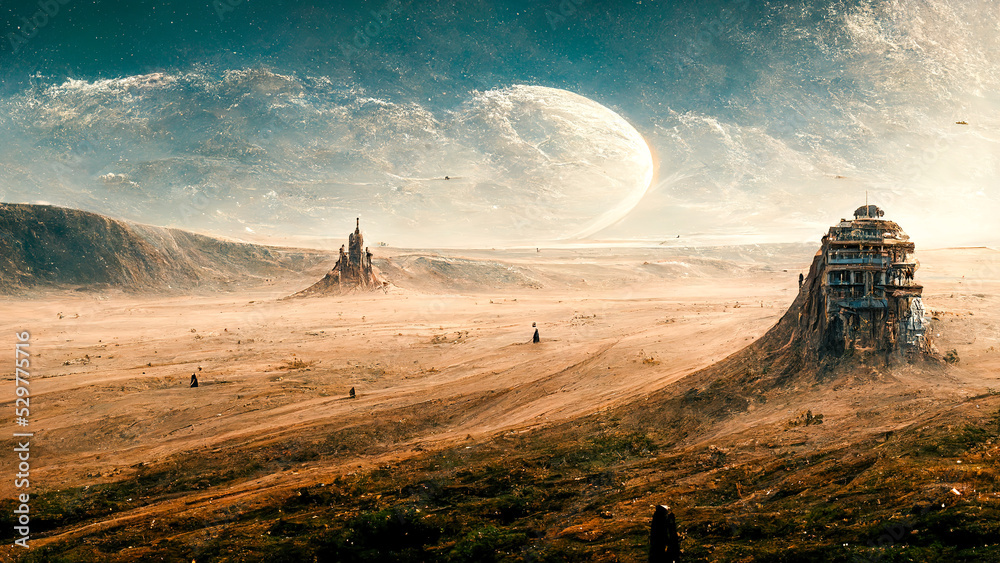 Alien desert planet with destroyed buildings Stock Illustration | Adobe ...