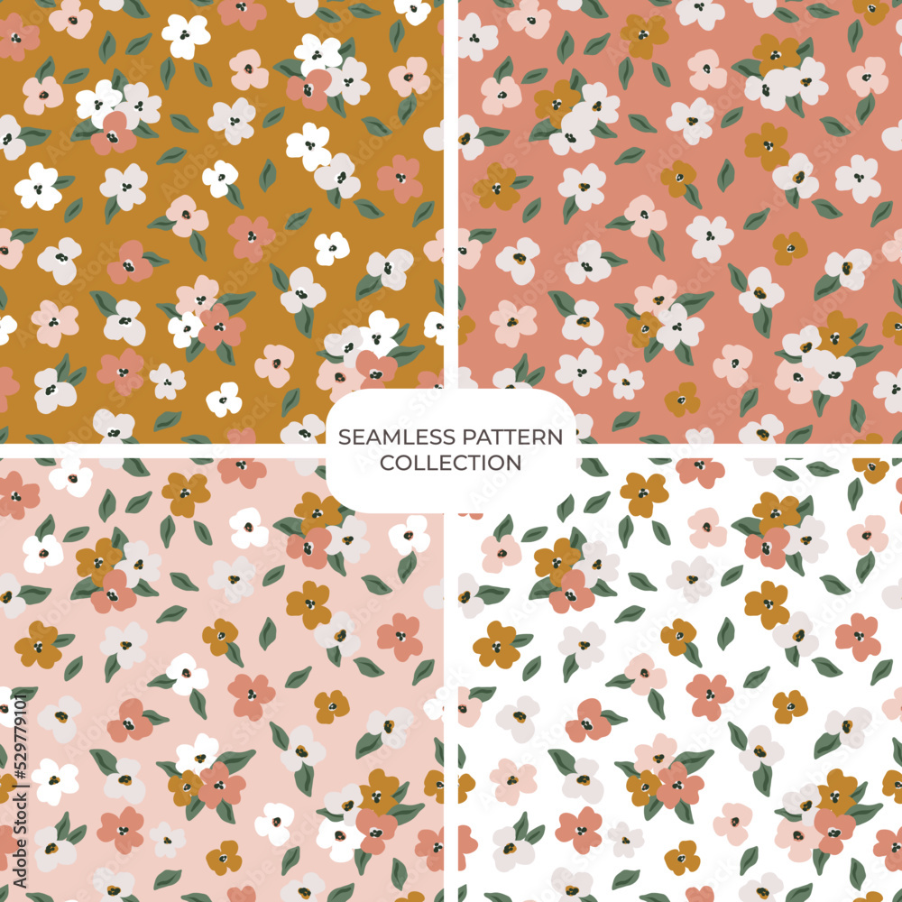Set of vector floral hand drawn seamless patterns. Cohesive collection ...