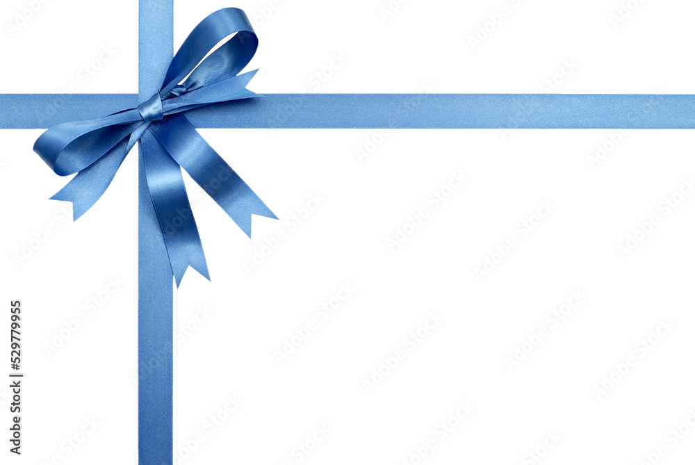 Blue gift ribbon and bow frame border isolated transparent background ...