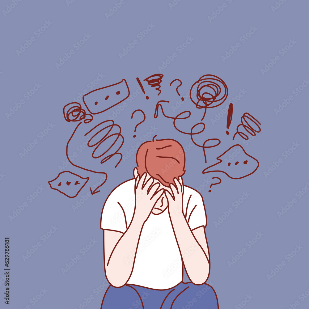 Young sad man sitting and unhappy. Hand drawn style vector ...