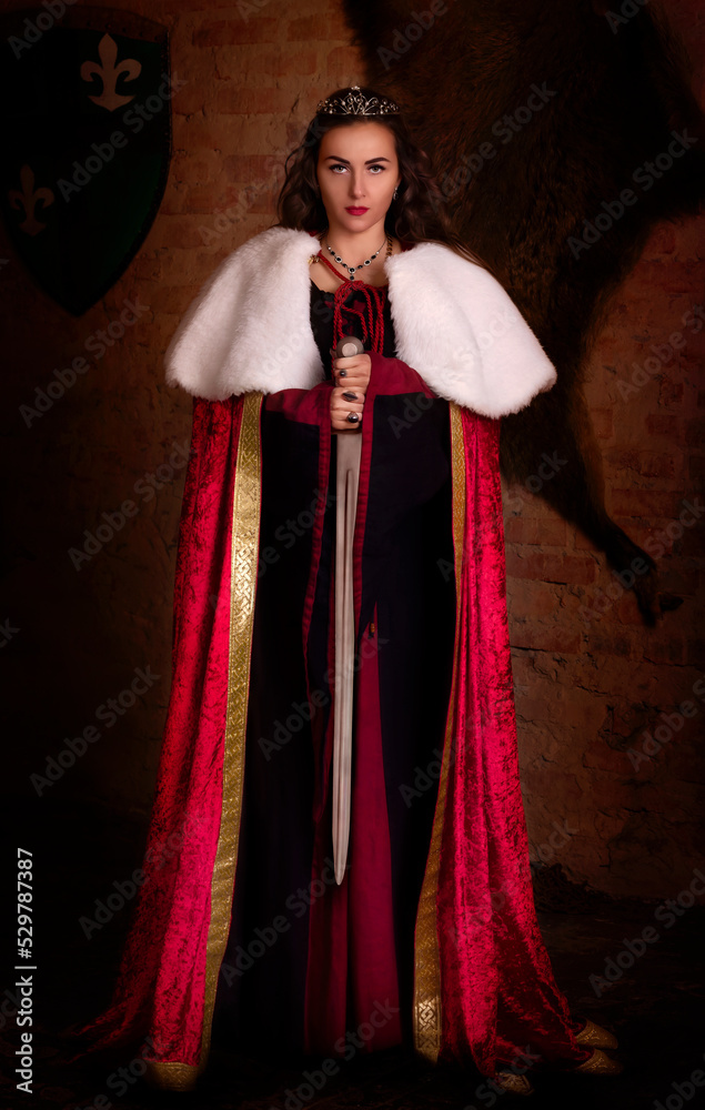 Fantastic medieval woman with a sword in her hands. Royal velvet ...