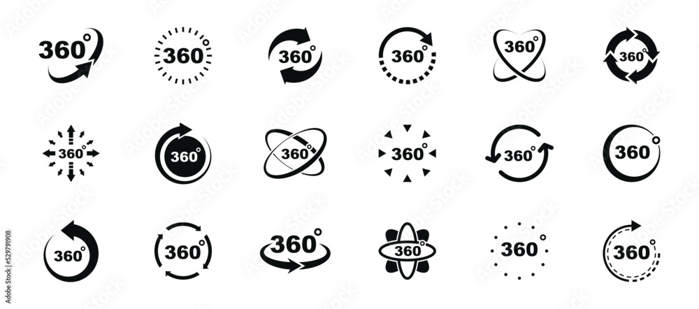 360 degrees view icon set. Signs virtual reality, panoramas and 360 ...