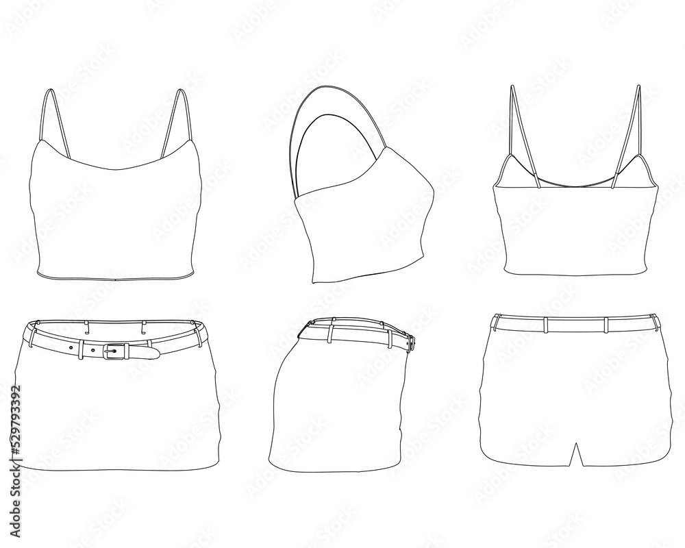Set with contours of a women's top with a short skirt from black lines ...