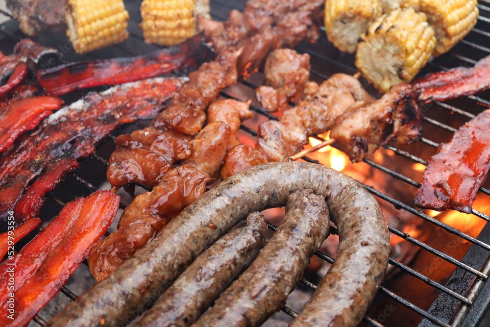 South African braai with meat on the grill. Boerewors, chops, chicken ... South African braai with meat on the grill. Boerewors, chops, chicken ...