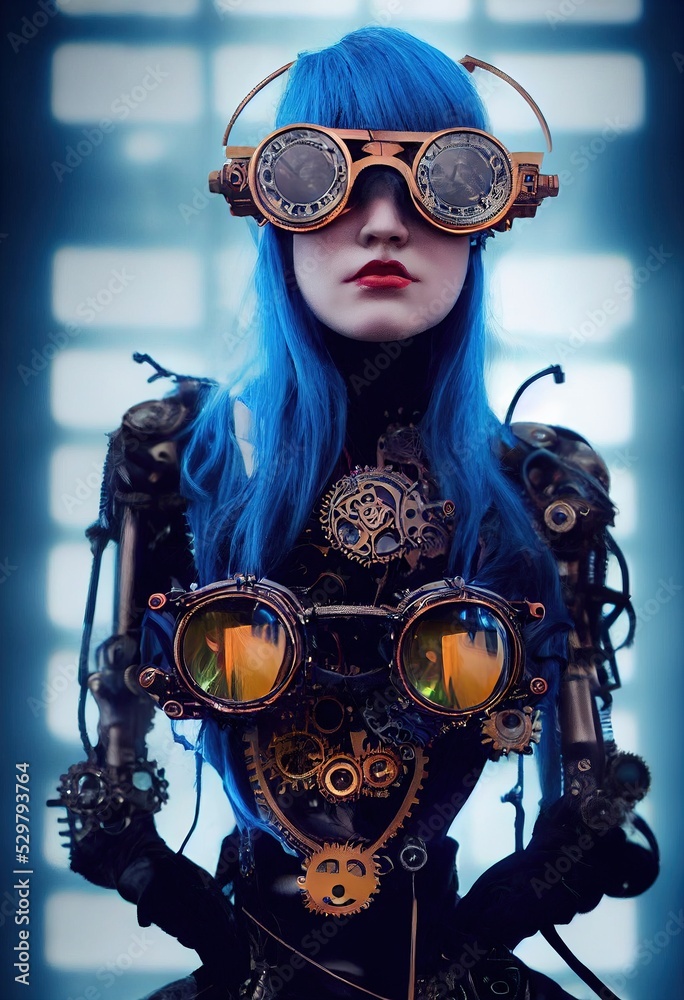 Portrait of a fictional beautiful steampunk girl with beautiful hair ...