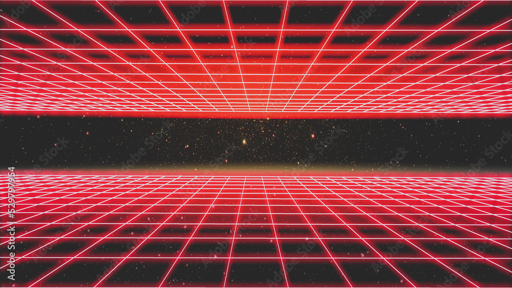 1980's retrowave background. Retro futuristic backdrop with red neon glowing perspective grid ...