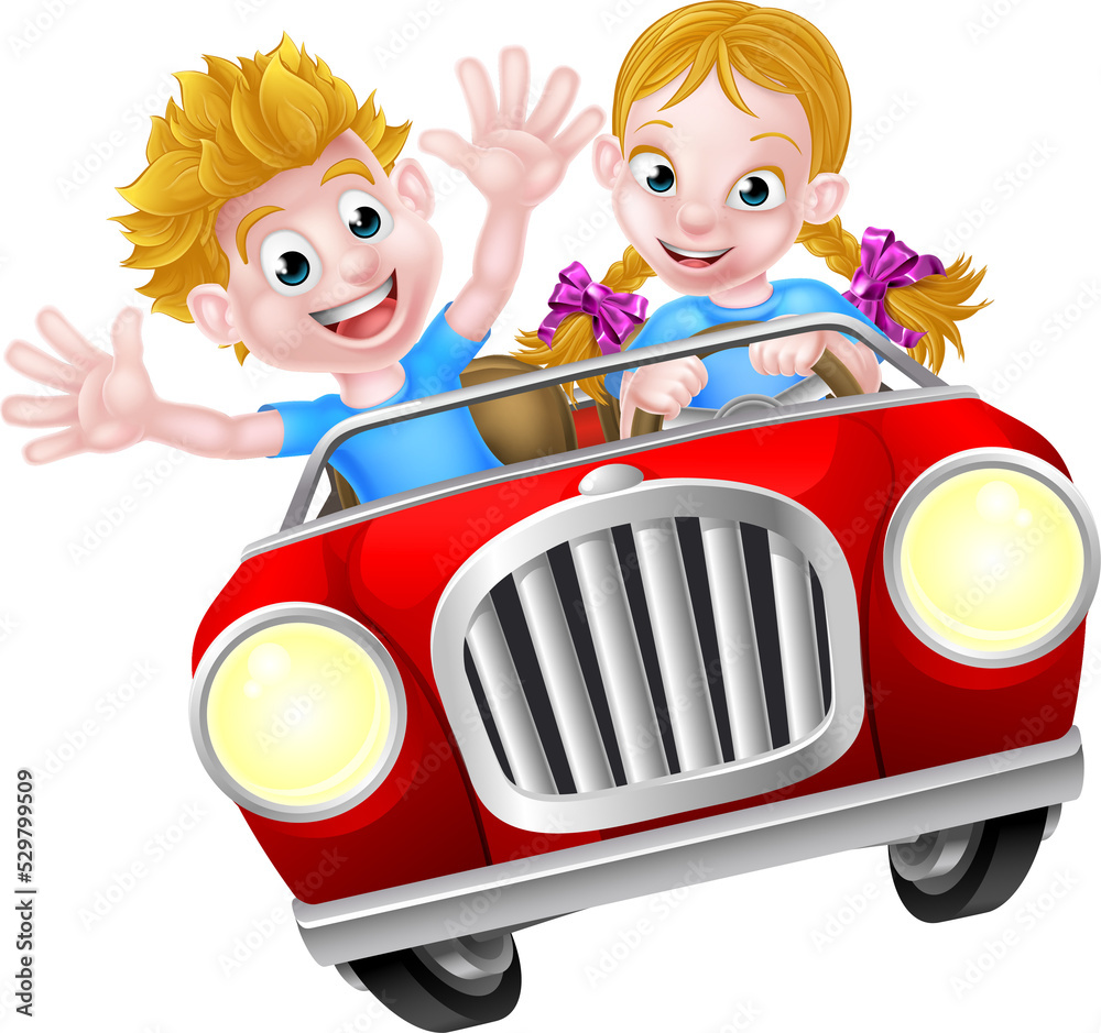 Cartoon Boy and Girl in Fast Car Stock Illustration | Adobe Stock