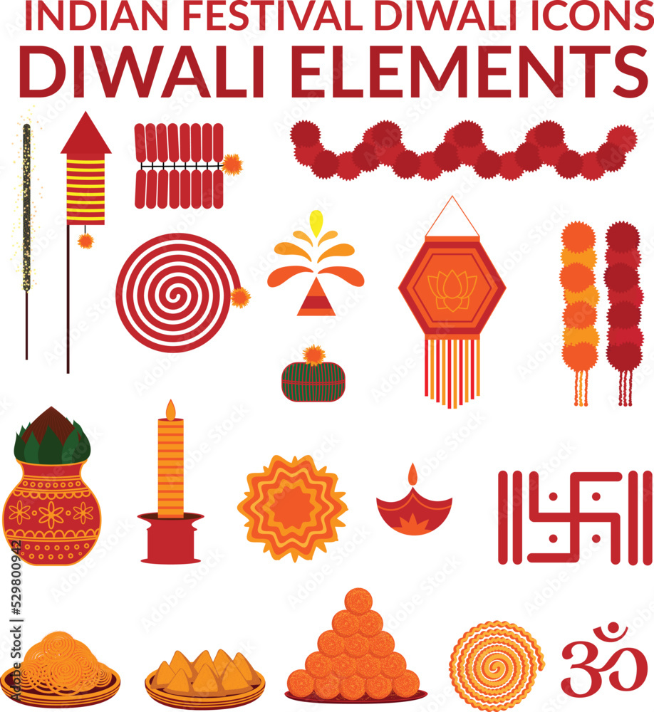 Indian festival Diwali icons, Set of 20 vector Deepawali elements ...