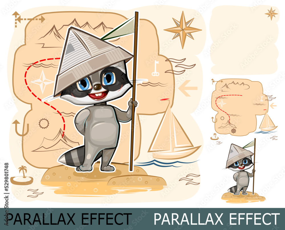 Raccon traveler. Child Game. Map with route. Search for pirate treasure ...