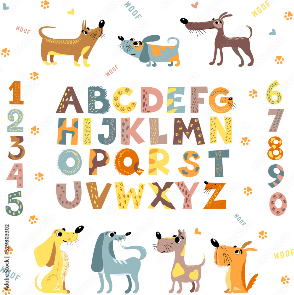 Vector cute dog alphabet and numbers on white background with words ...