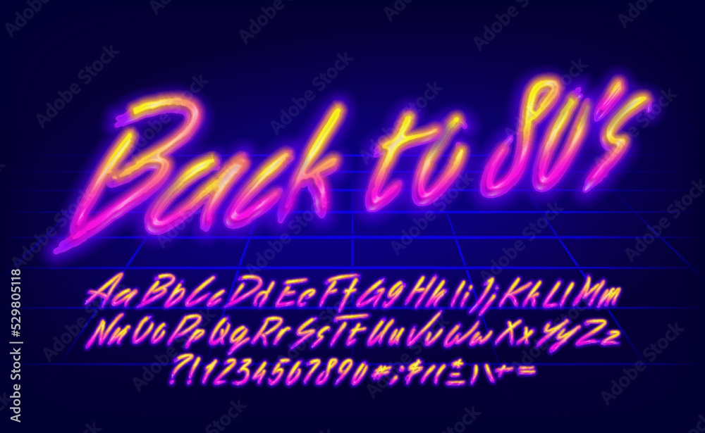 Back to 80s alphabet font. Hand drawing glowing letters, numbers and ...