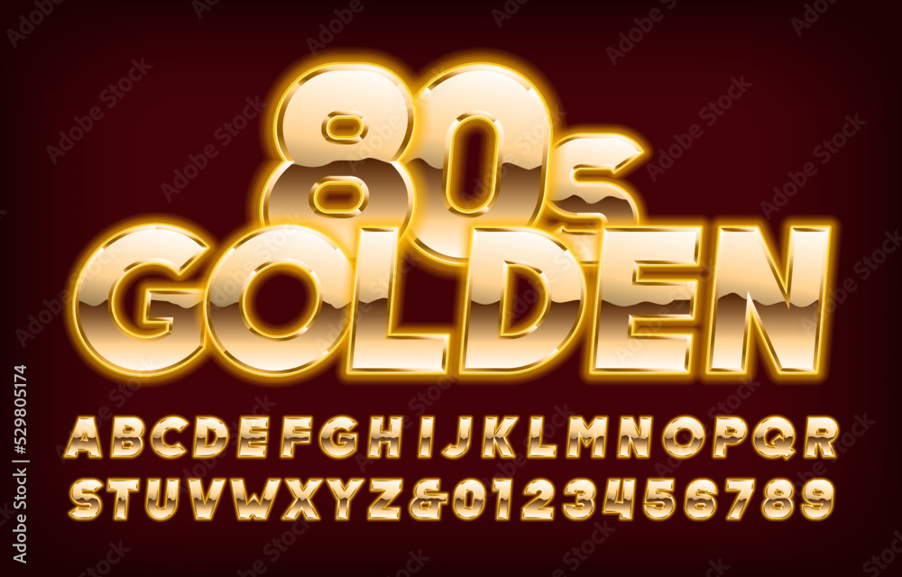 Golden 80s alphabet font. Glowing letters and numbers. Stock vector typescript for your ...