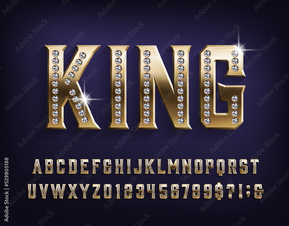 King alphabet font. Golden letters and numbers with diamonds gemstones ...