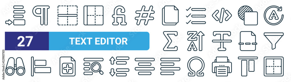 set of 27 outline web text editor icons such as lines, paragraph ...