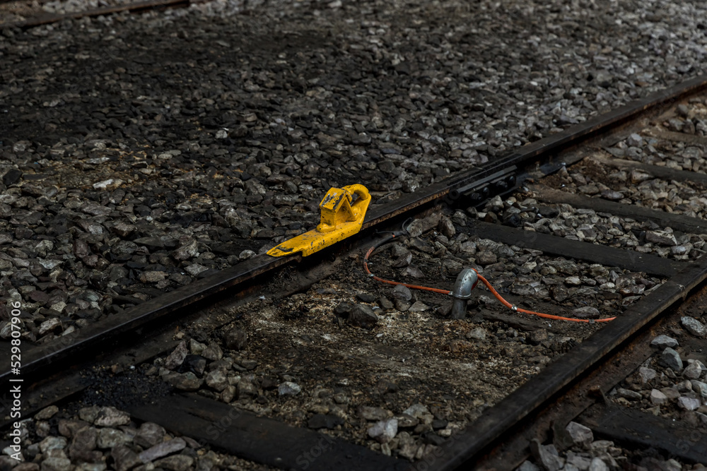 Train stopper or Train bumper installed on track for break. Train ...