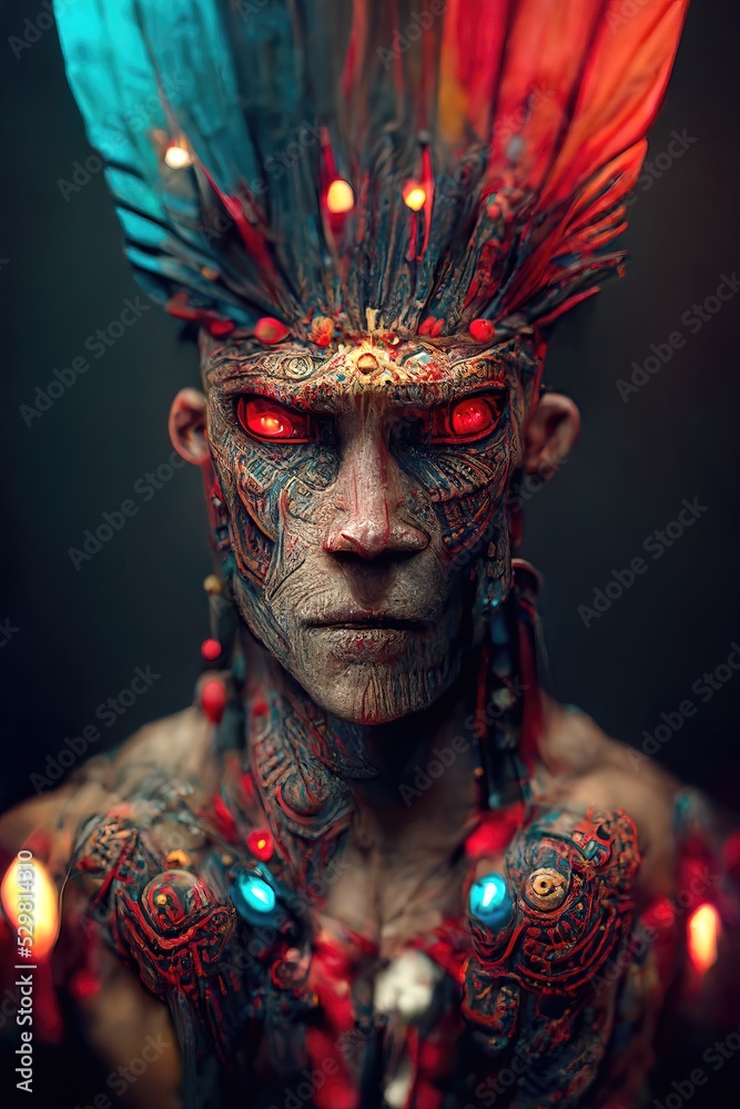 3d illustration of aztec man warrior with crown of feathers Stock ...
