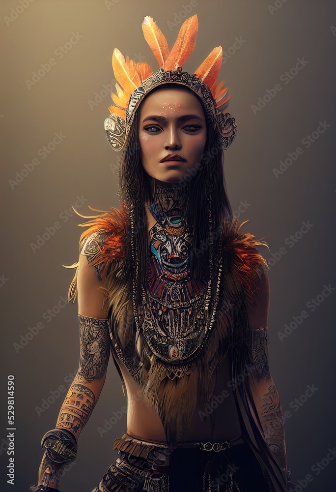 3d illustration of aztec woman warrior with crown of feathers Stock ...