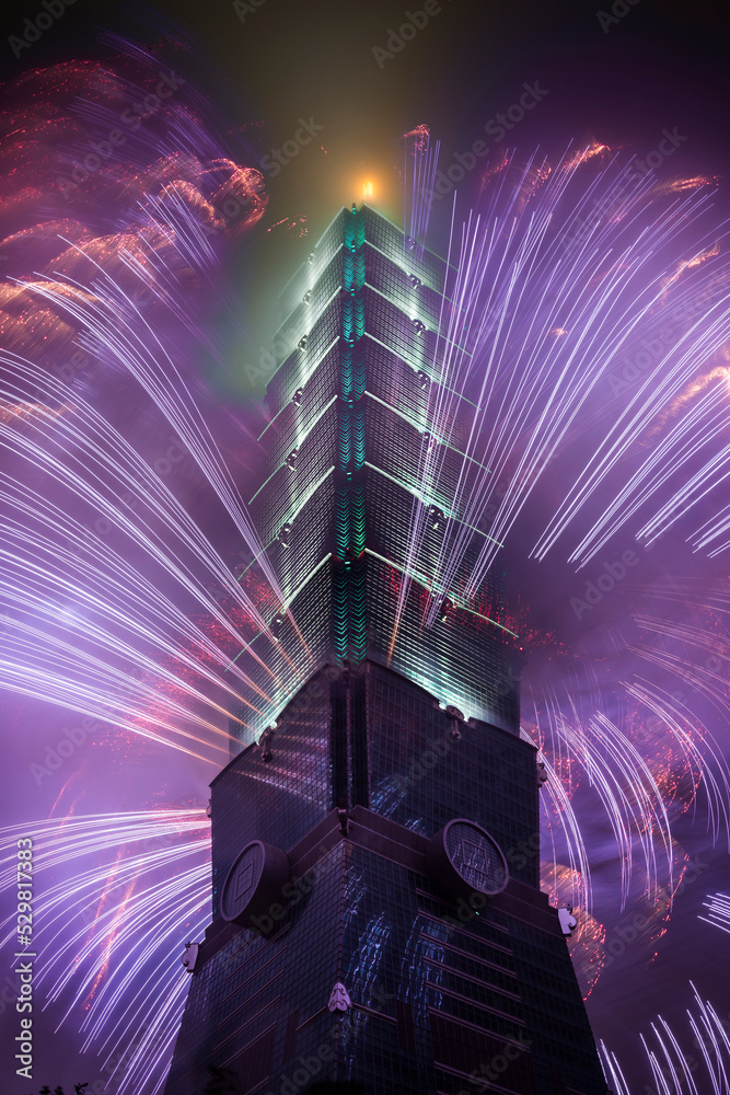 Taipei, Taiwan- January 1, 2019- Fireworks ring in the New Year at the ...