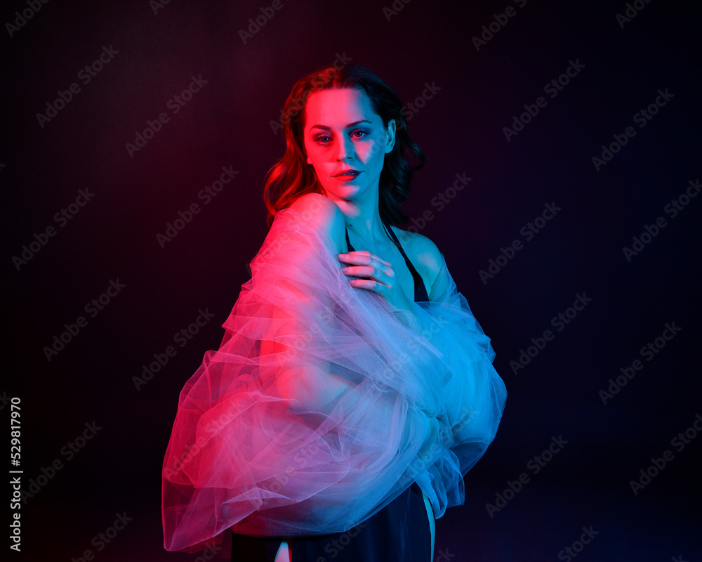Close up portrait of beautiful woman model wearing elegant black dress ...