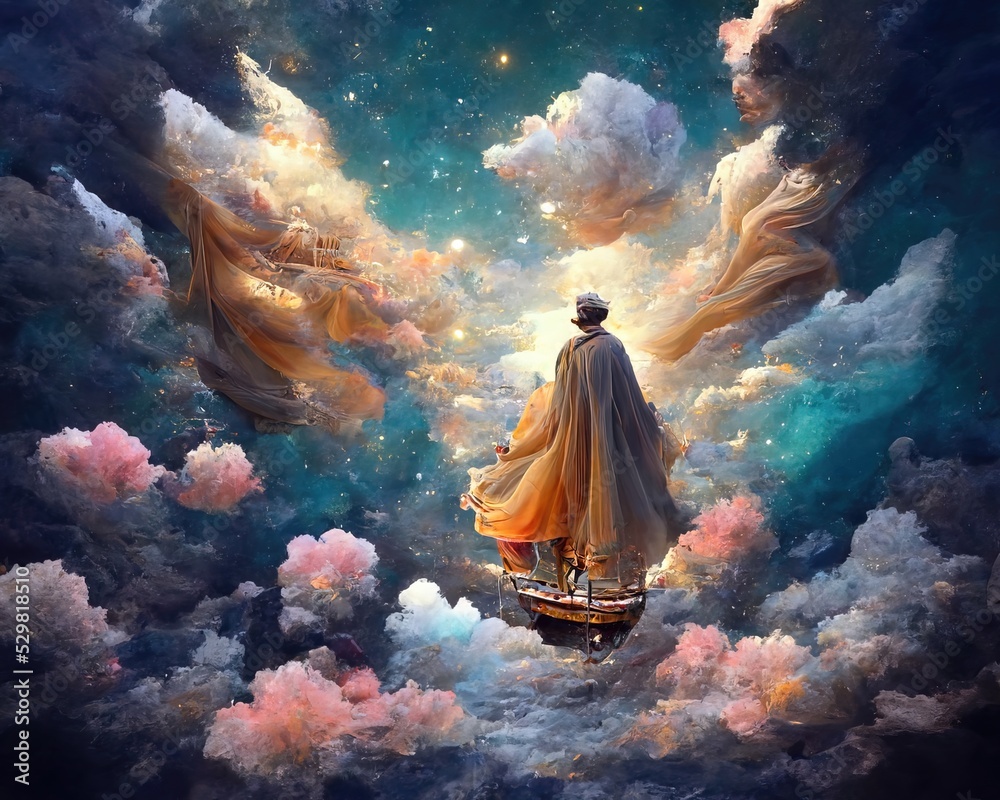 Digital art of magician with cowl in a boat, 3d illustration Stock ...