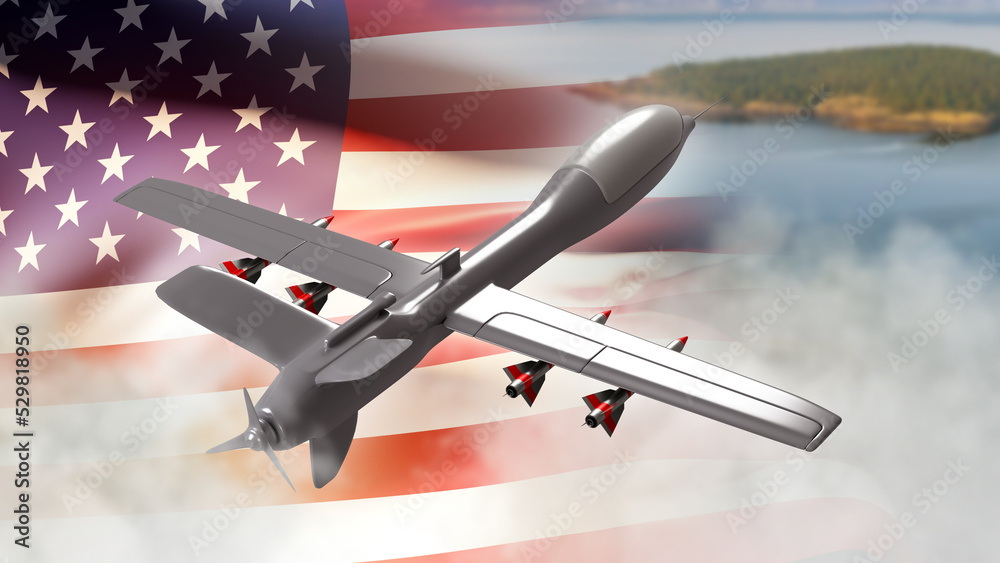 UAV with air bombs. American unmanned aerial vehicle. Combat drone in ...