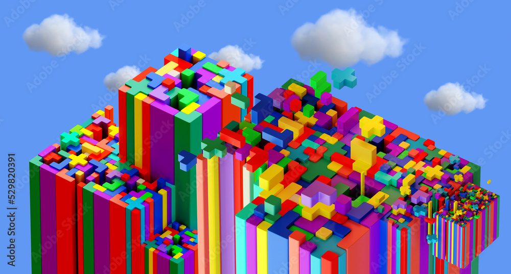 Tetris scenery. Multicolored childrens designer. Tetris bricks on blue ...